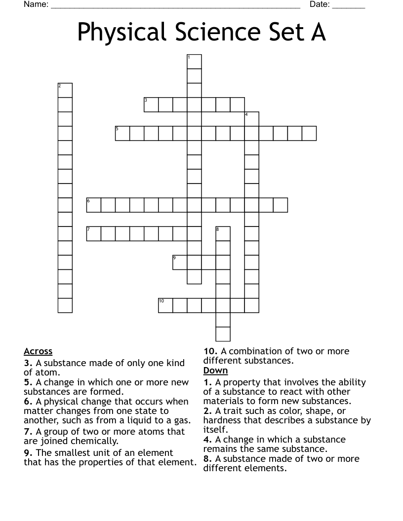Physical Science Set A Crossword - WordMint