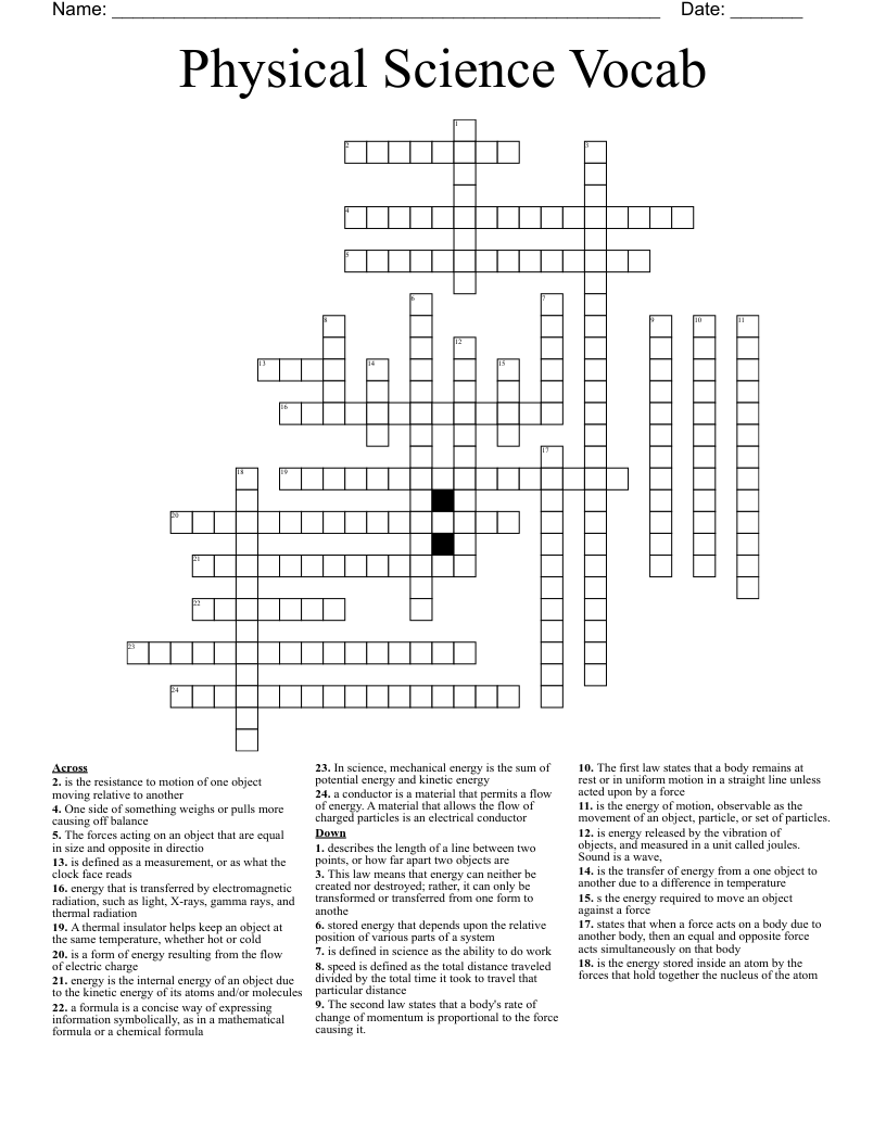 Physical Science Vocab Crossword - WordMint