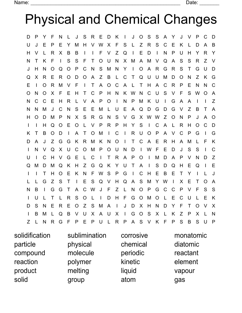 Physical and Chemical Changes Word Search - WordMint