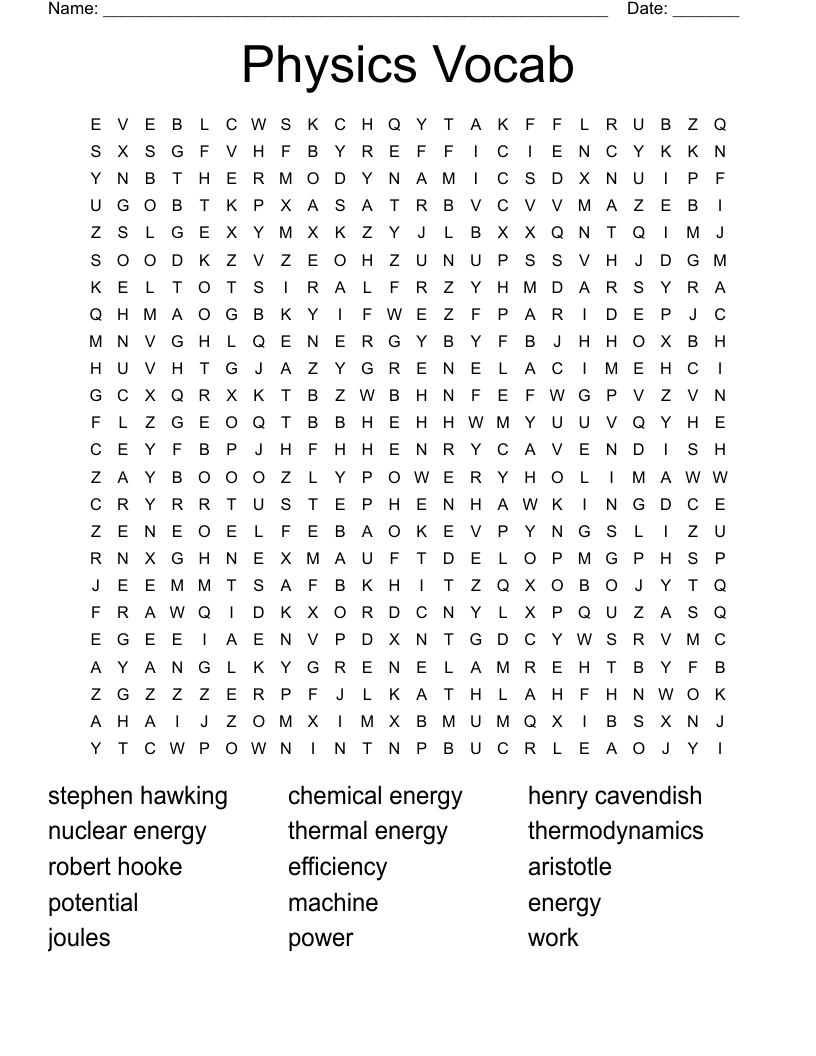 Physics Vocab Word Search - WordMint