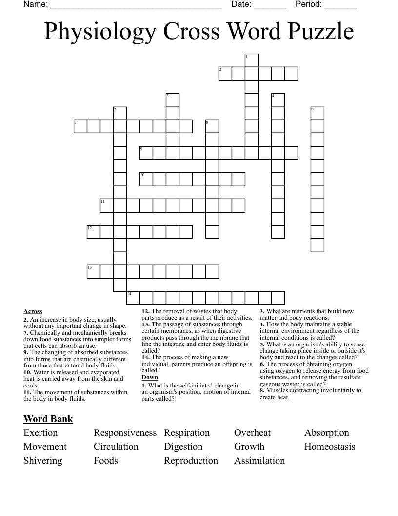 Physiology Cross Word Puzzle - WordMint