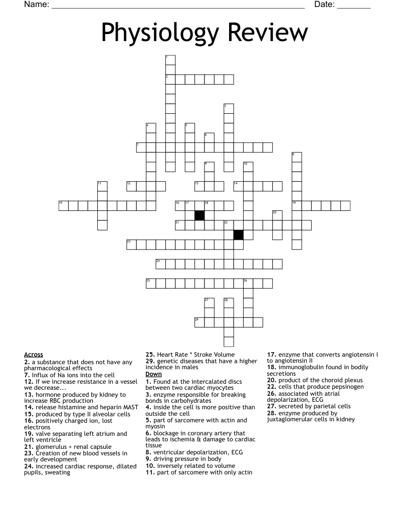 Physiology Review Crossword - WordMint