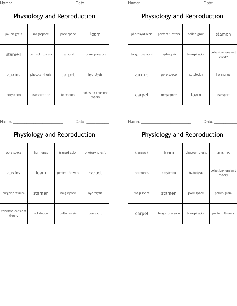 Physiology And Reproduction Bingo Cards WordMint Physiology And Reproduction Bingo Cards WordMint