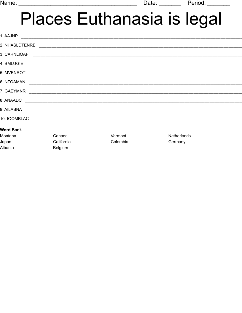 Places Euthanasia is legal Word Scramble - WordMint