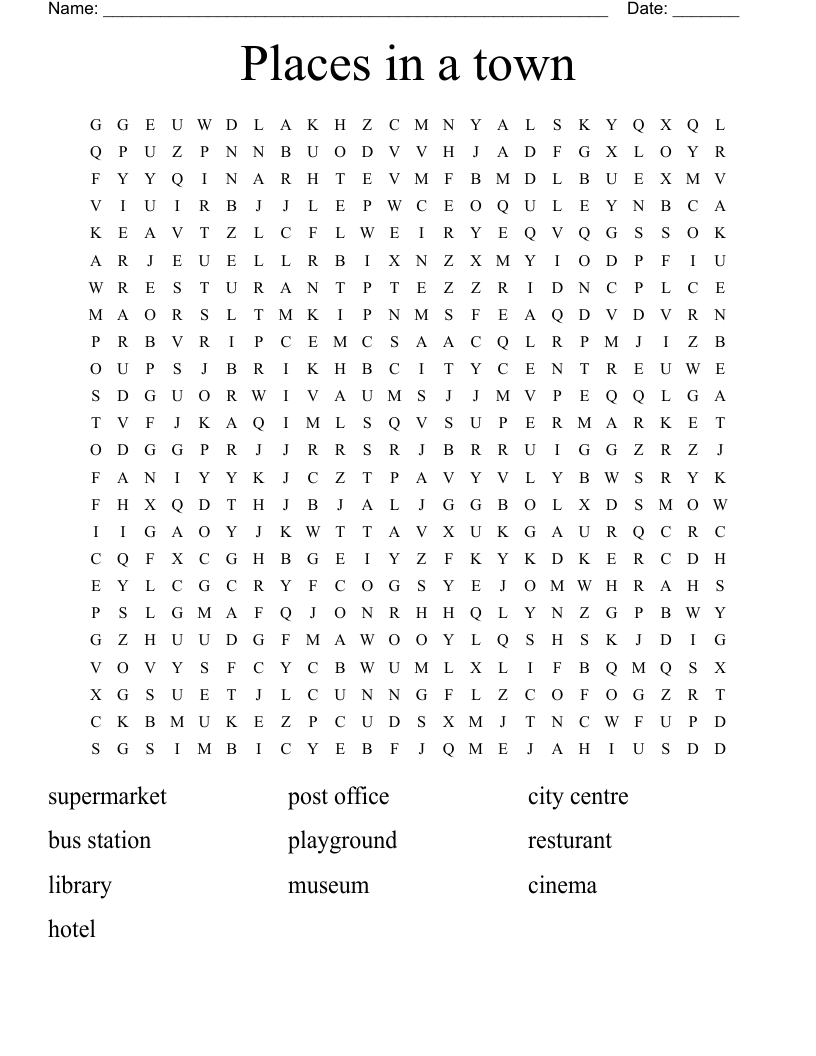 Places in a town Word Search - WordMint