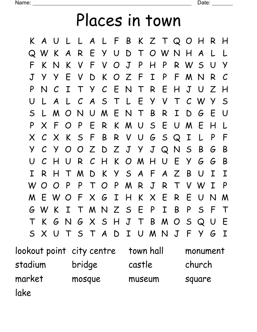 Places In Town Word Search WordMint