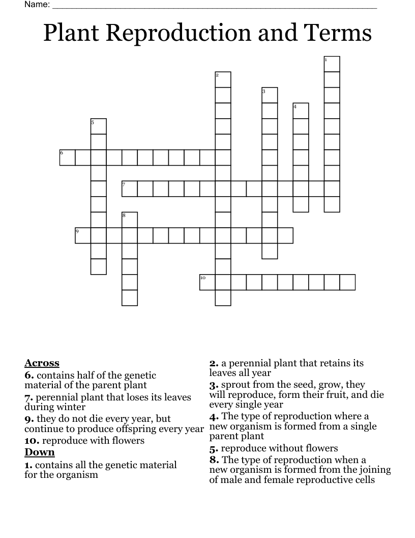 Plant Reproduction and Terms Crossword - WordMint