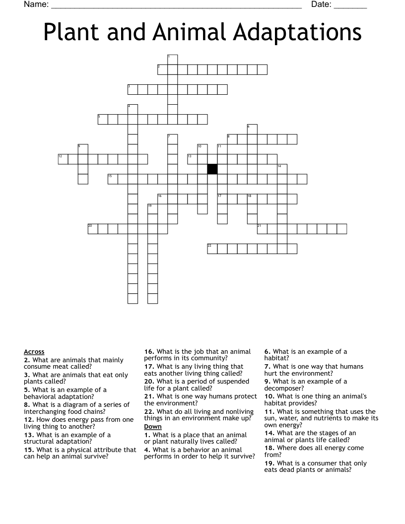 Plant And Animal Adaptations Crossword WordMint