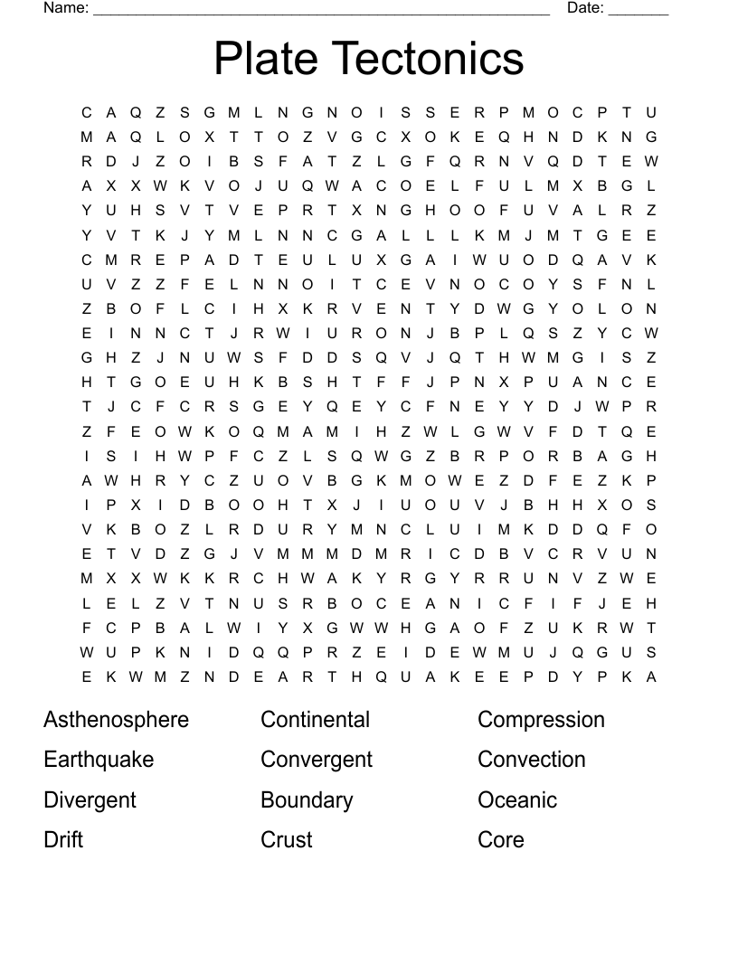Plate Tectonics Word Search - WordMint