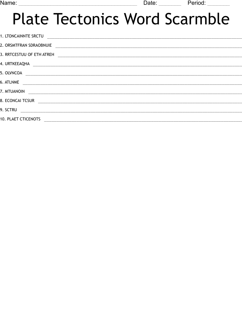 Plate Tectonics Word Scarmble Word Scramble WordMint