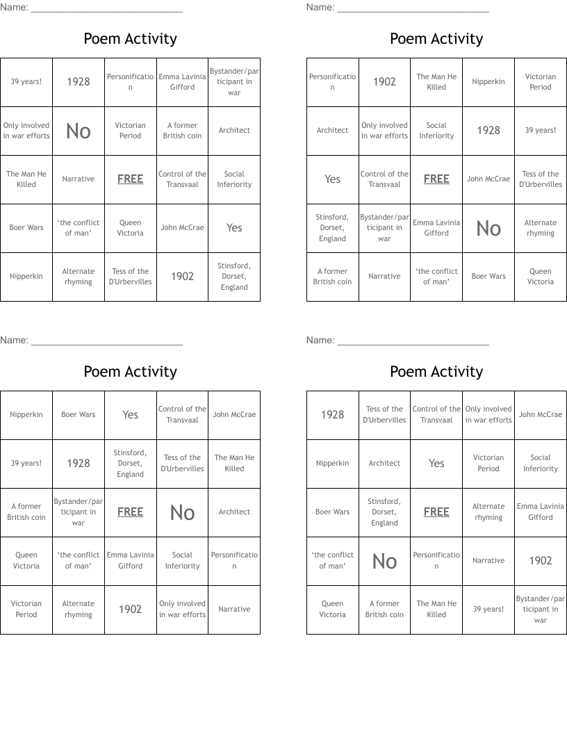 Poem Activity Bingo Cards - WordMint