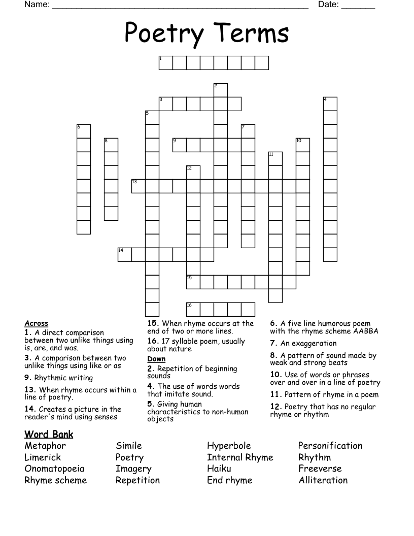 Poetry Terms Crossword WordMint