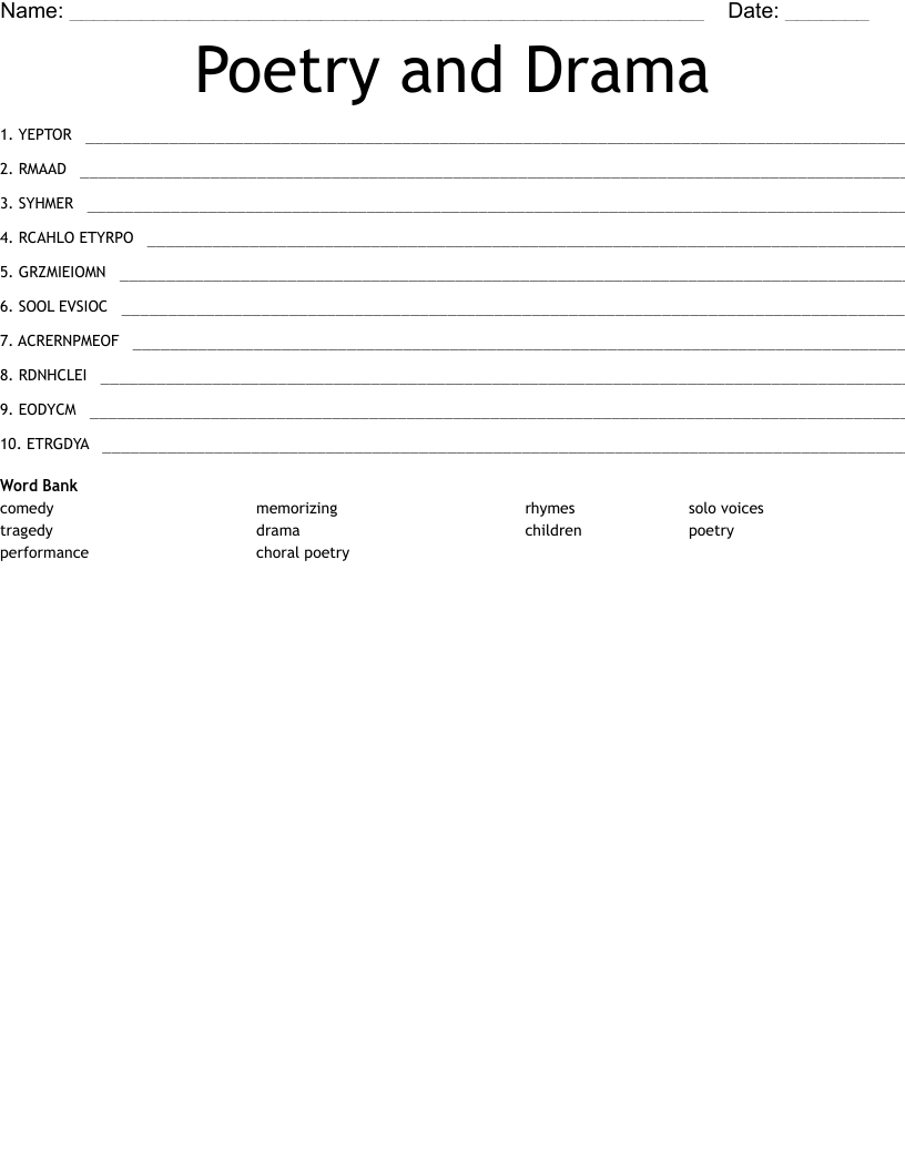 Poetry and Drama Word Scramble - WordMint