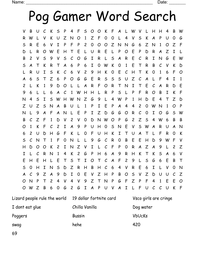 Pog Gamer Word Search - WordMint