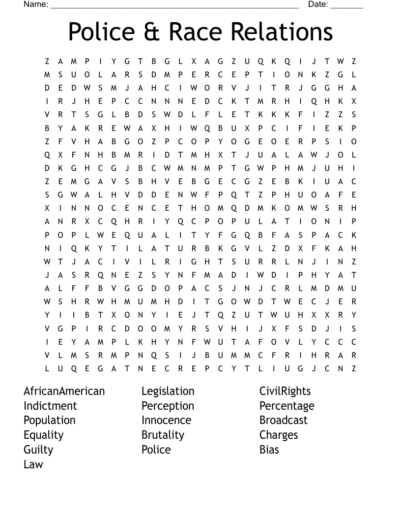 Police & Race Relations Word Search - WordMint