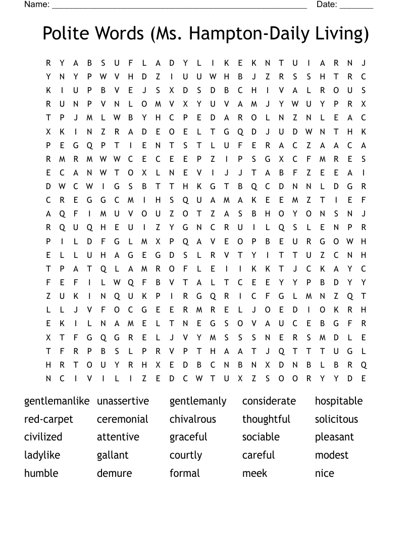 Polite Words (Ms. Hampton-Daily Living) Word Search - WordMint