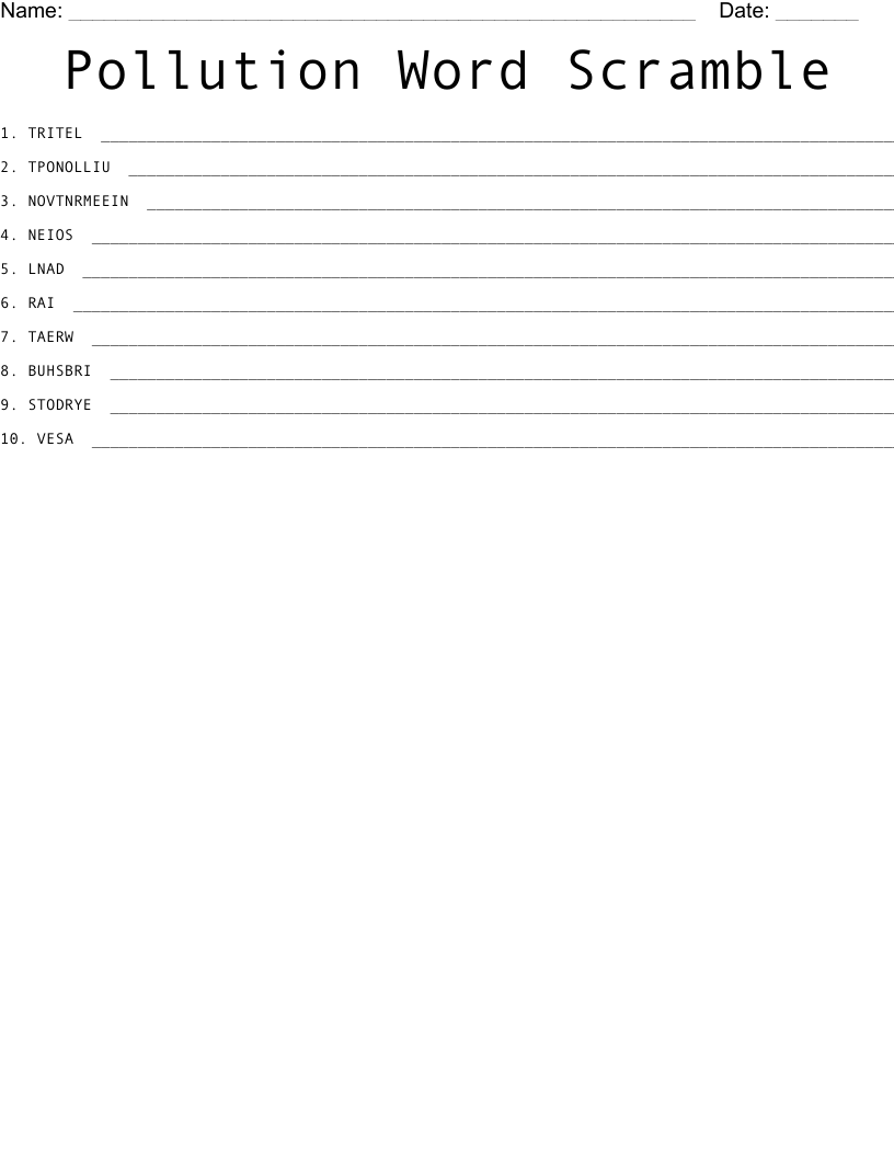Pollution Word Scramble - WordMint