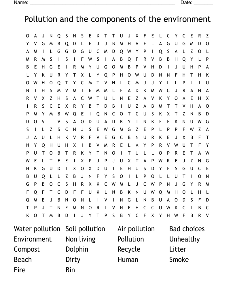 Pollution and the components of the environment Word Search - WordMint