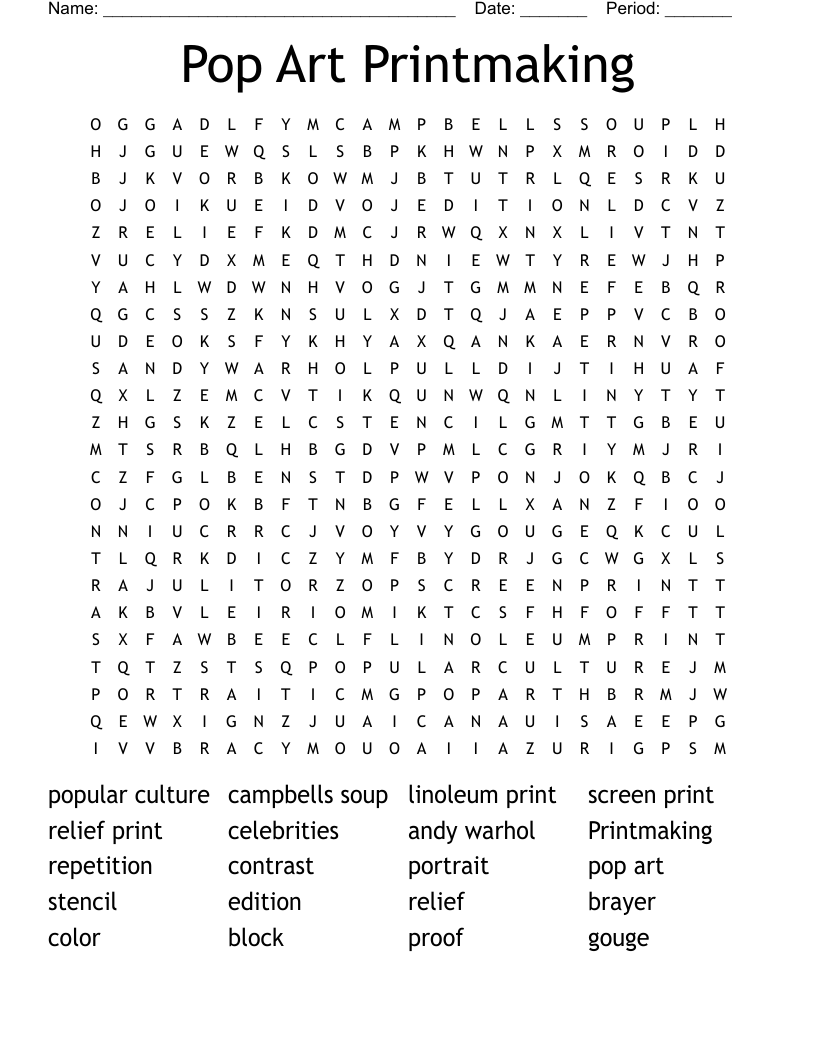 Pop Art Printmaking Word Search WordMint
