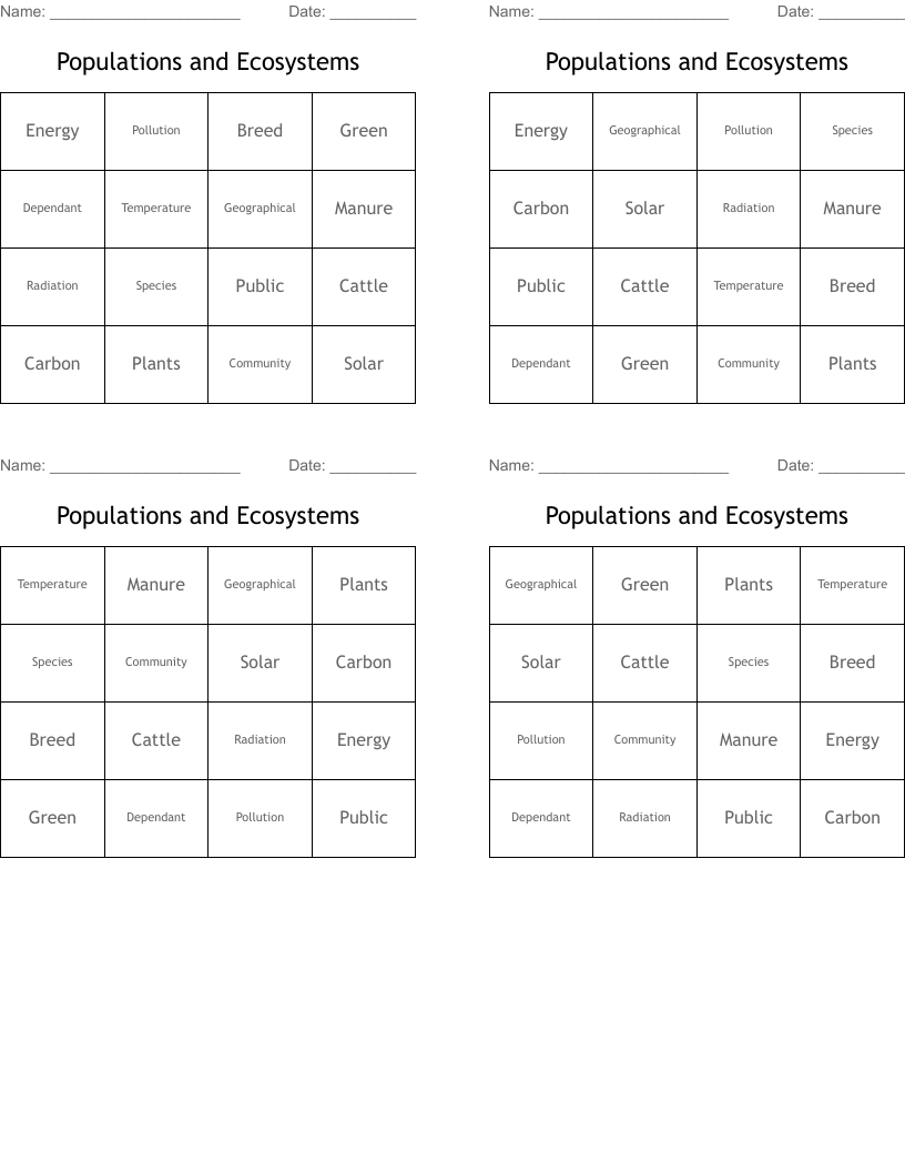 Populations and Ecosystems Bingo Cards - WordMint