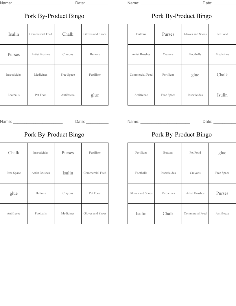 Pork By-Product Bingo - WordMint