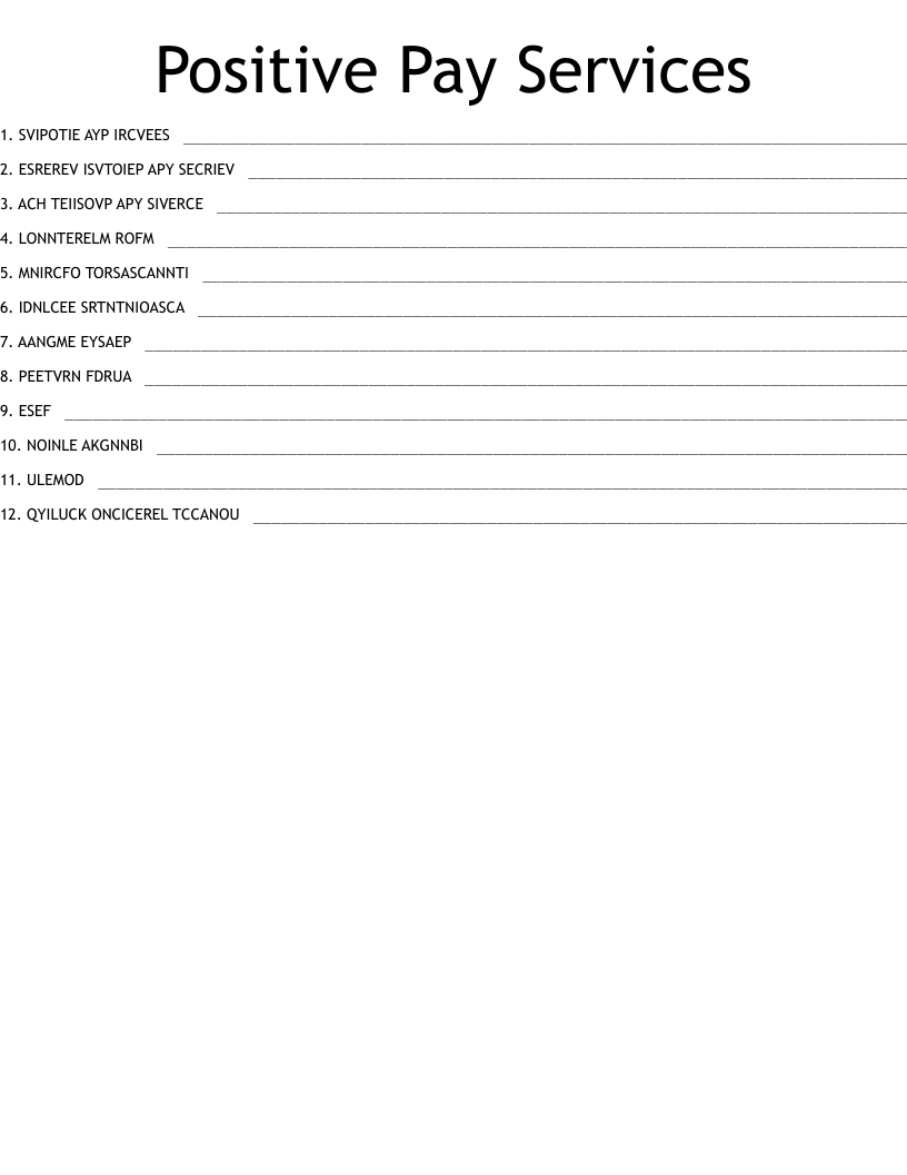 Positive Pay Services Word Scramble - WordMint