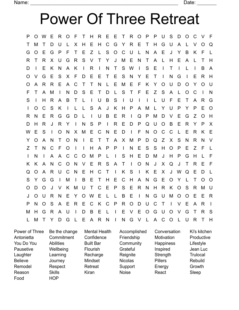 Power Of Three Retreat Word Search - WordMint
