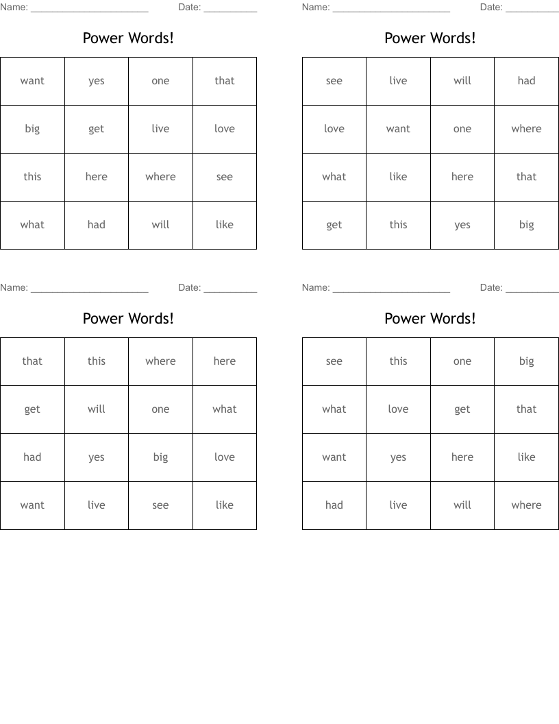 Power Words! Bingo Cards - WordMint