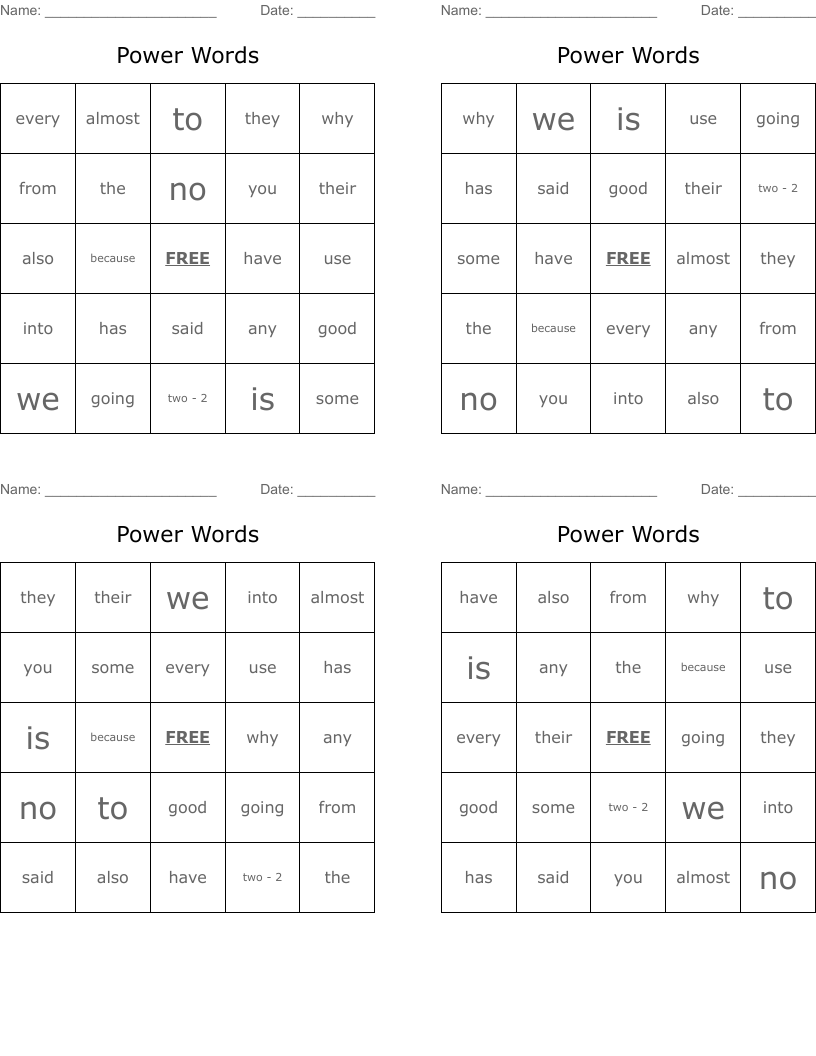 Power Words Bingo Cards - WordMint