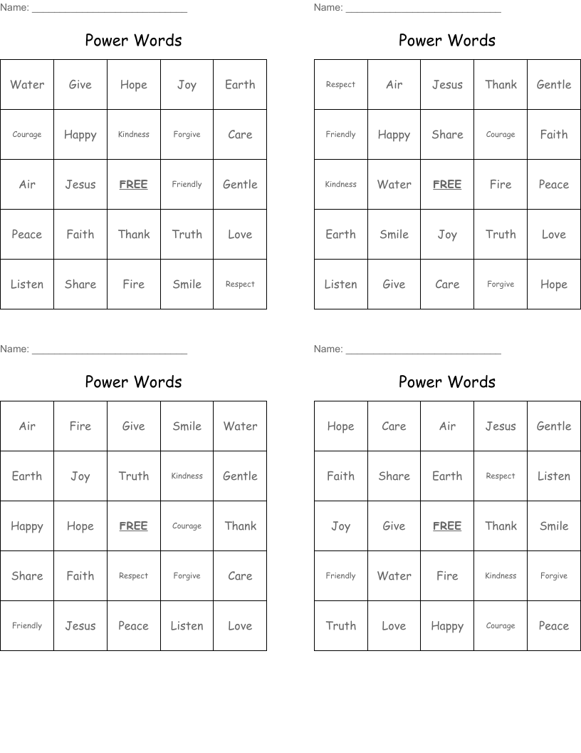 Power Words Bingo Cards - WordMint