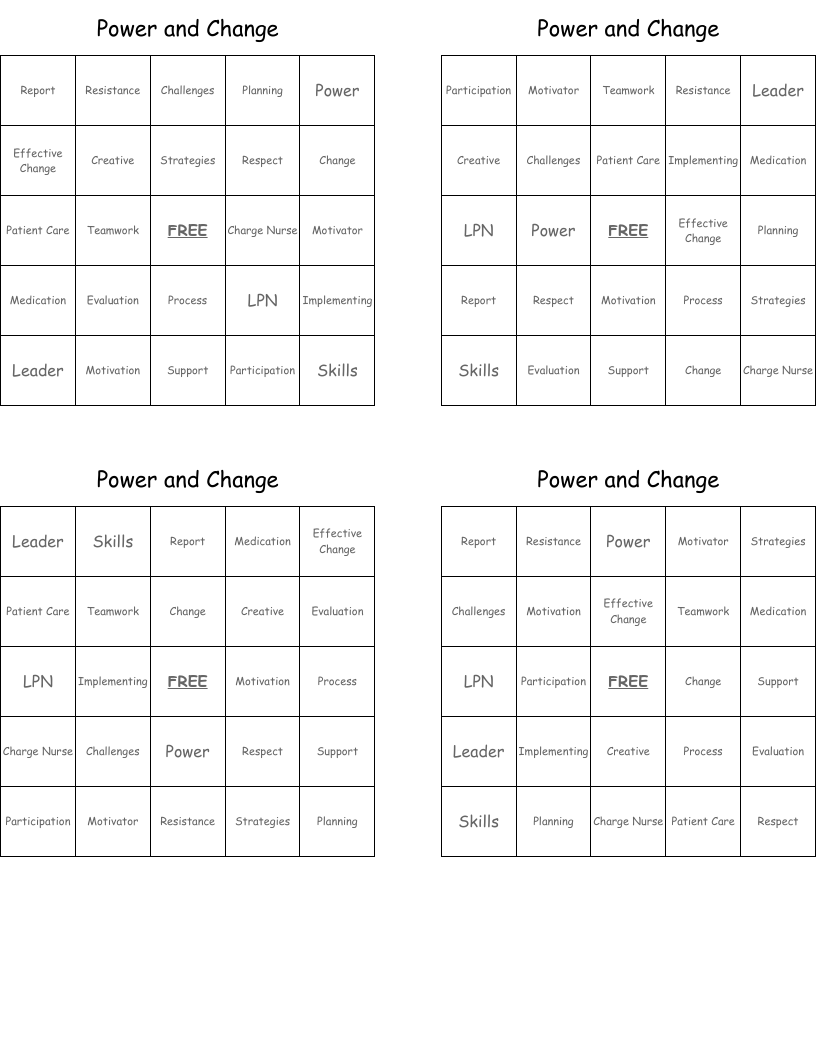 Power and Change Bingo Cards - WordMint