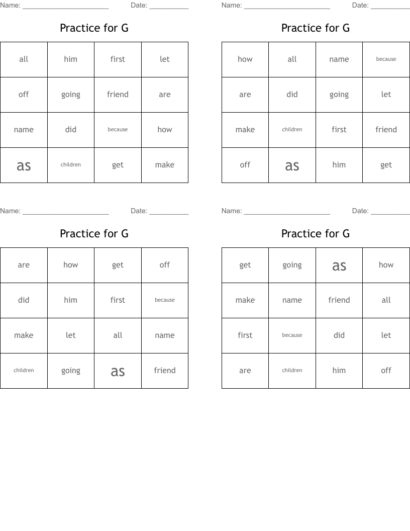 Practice for G Bingo Cards - WordMint