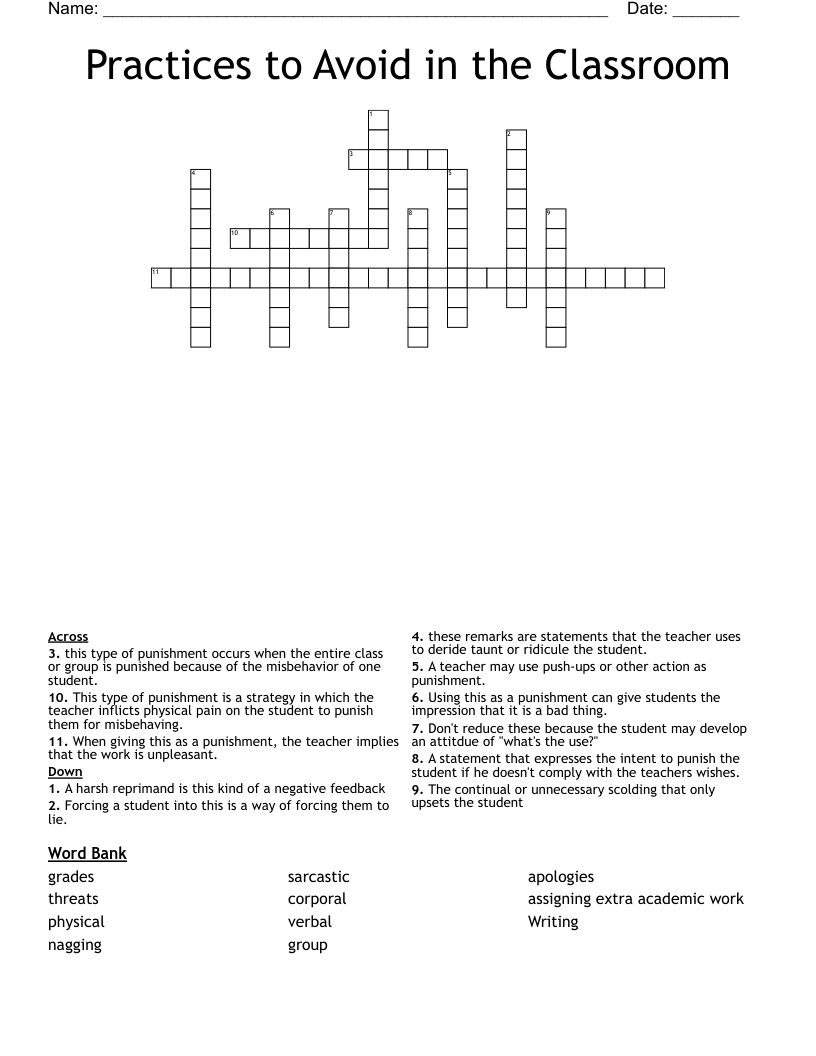 Practices to Avoid in the Classroom Crossword - WordMint