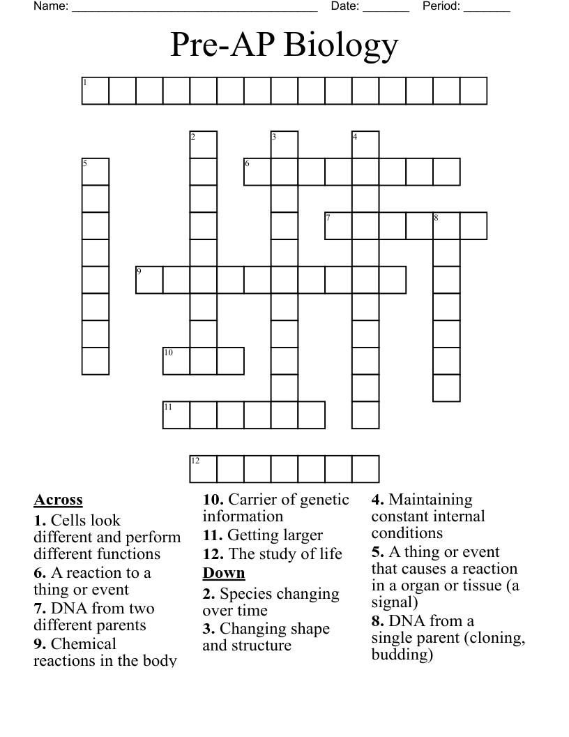 Pre-AP Biology Crossword - WordMint