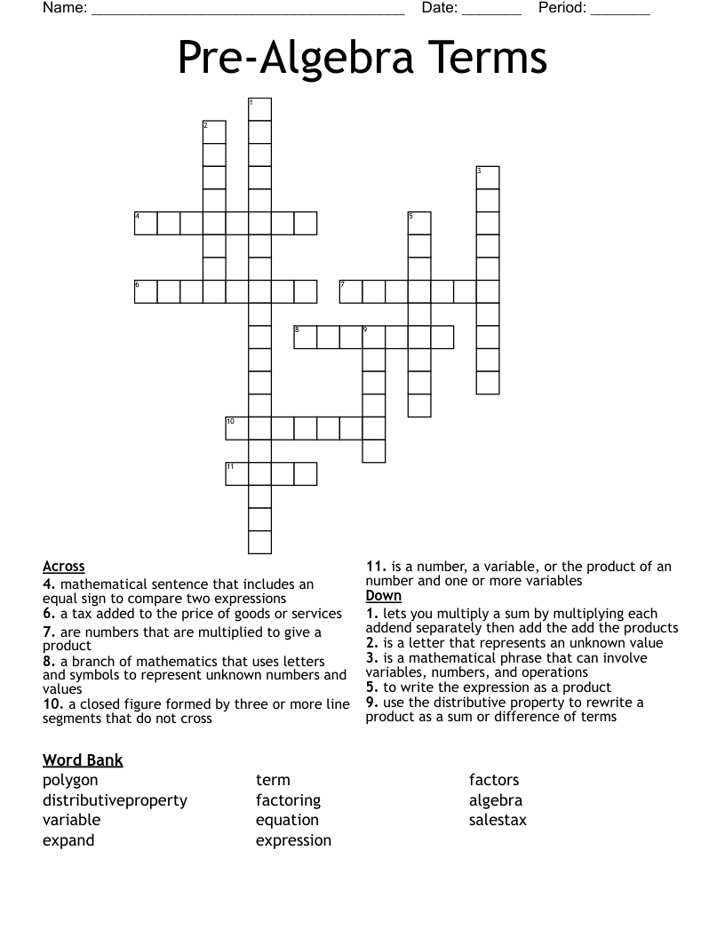 Pre Algebra Terms Crossword WordMint