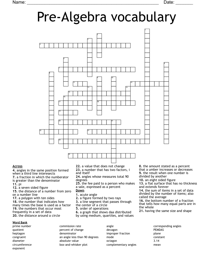 Pre Algebra Vocabulary Crossword WordMint