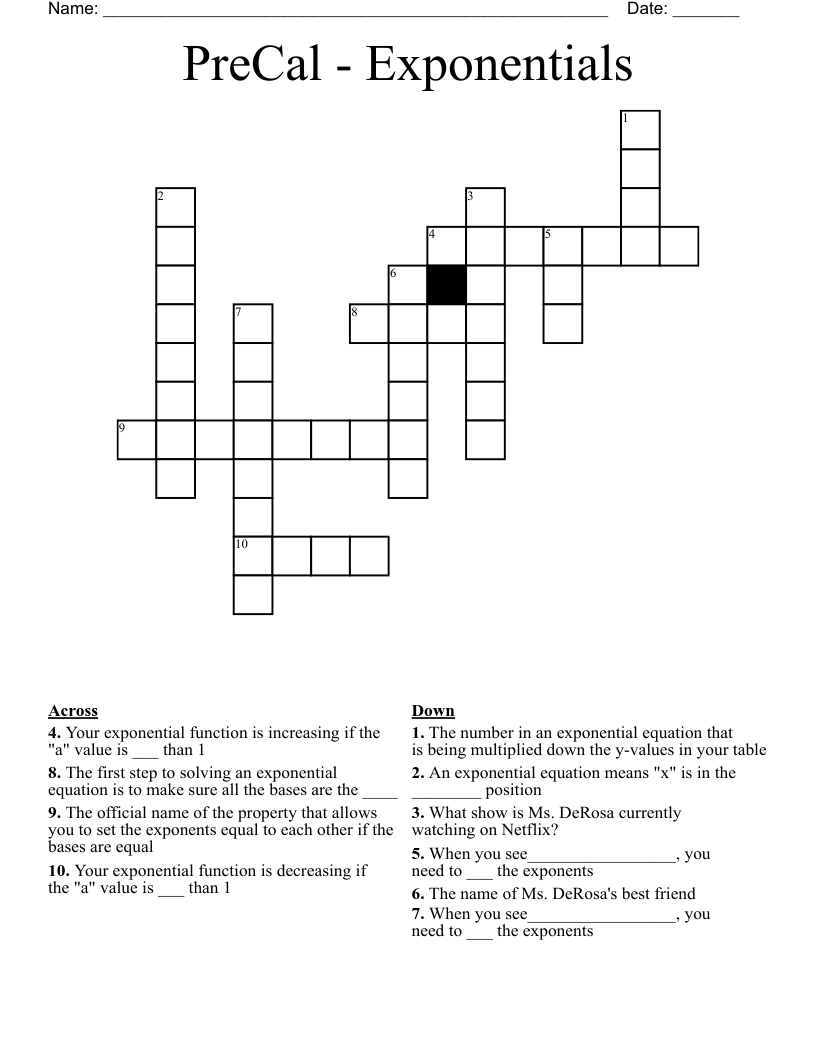 PreCal - Exponentials Crossword - WordMint