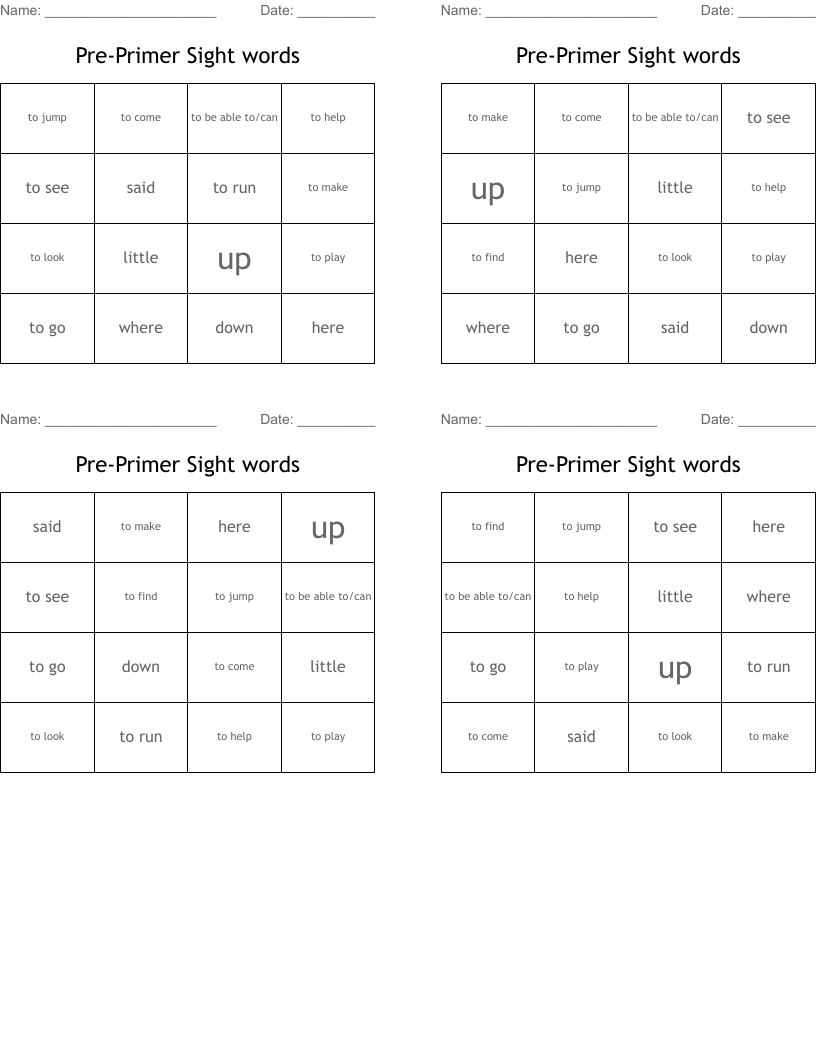 Pre-Primer Sight words Bingo Cards - WordMint