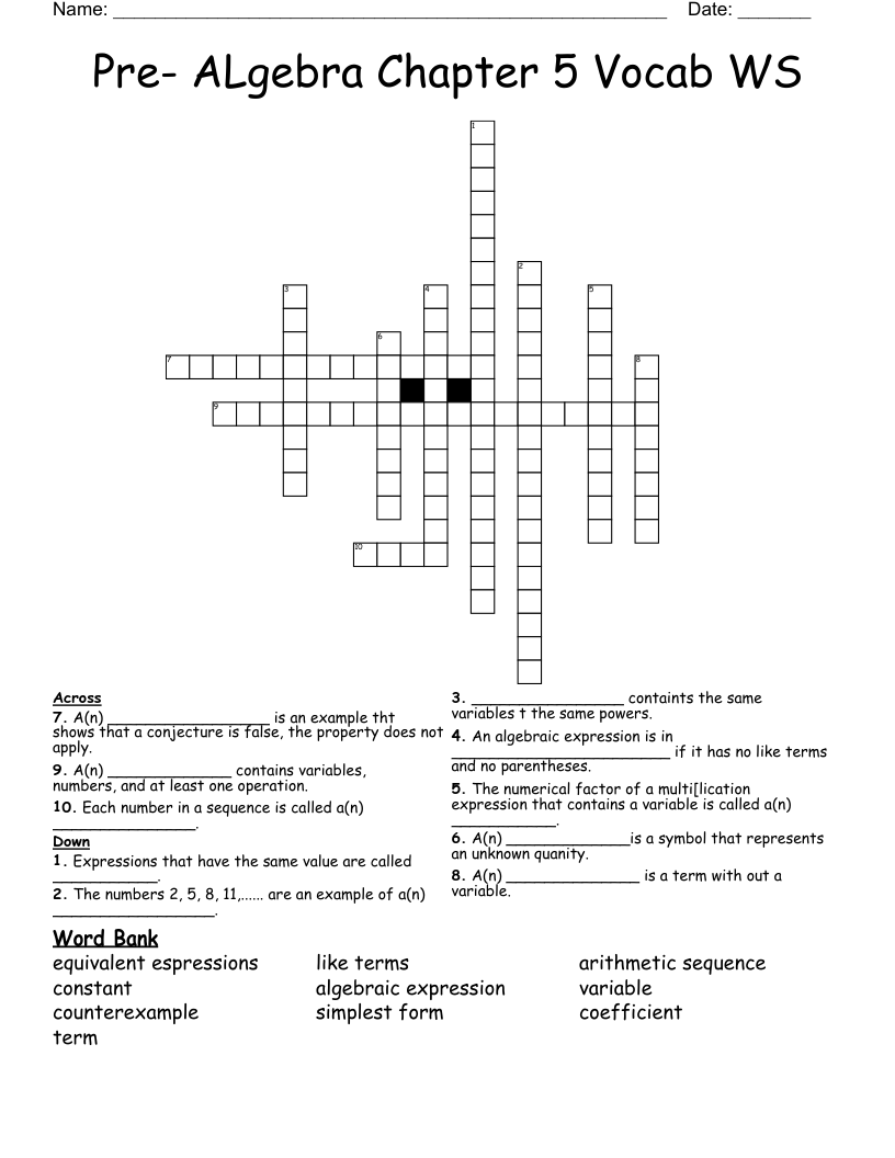Pre- ALgebra Chapter 5 Vocab WS Crossword - WordMint
