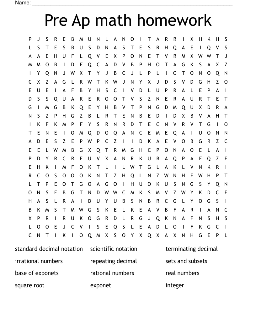 Pre Ap Math Homework Word Search WordMint