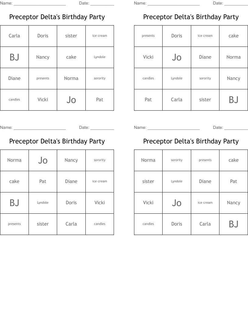 Preceptor Delta's Birthday Party Bingo Cards - WordMint