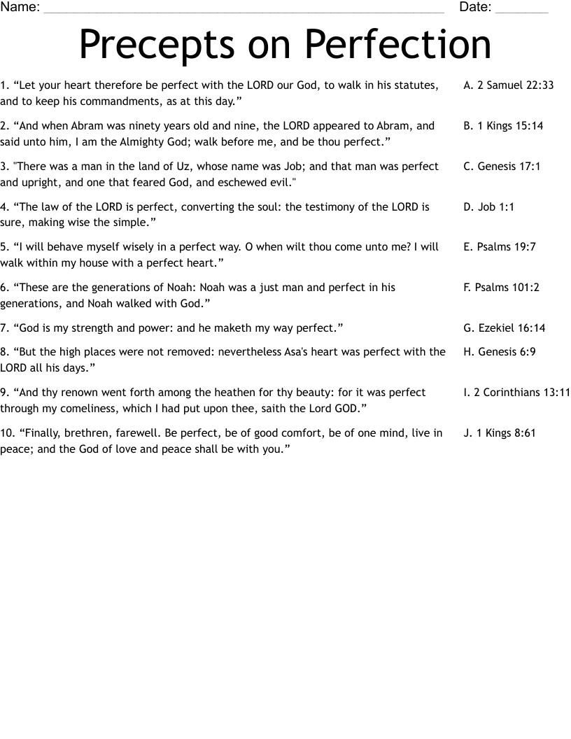 Precepts on Perfection Worksheet - WordMint
