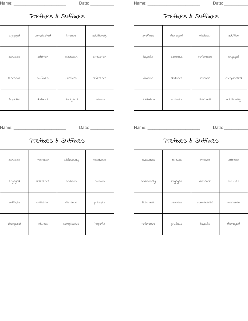 Prefixes & Suffixes Bingo Cards - WordMint