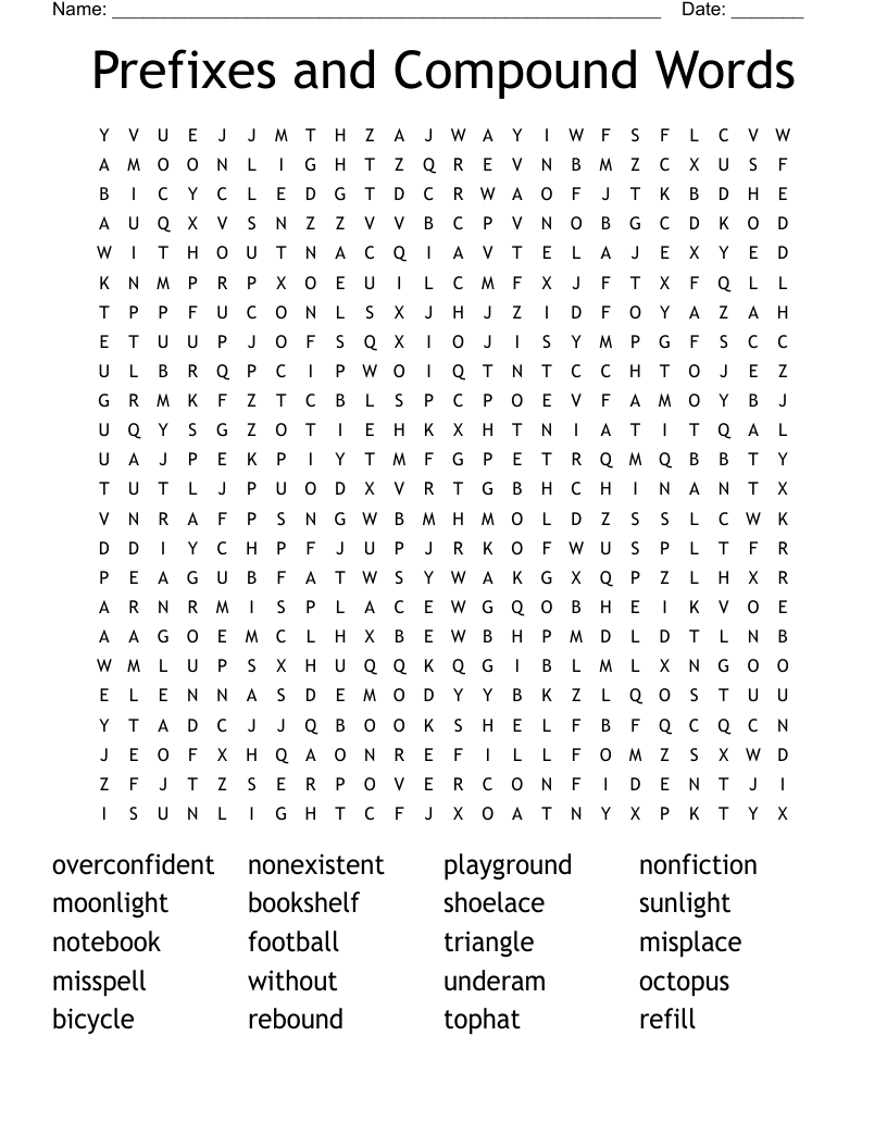 Prefixes and Compound Words Word Search - WordMint