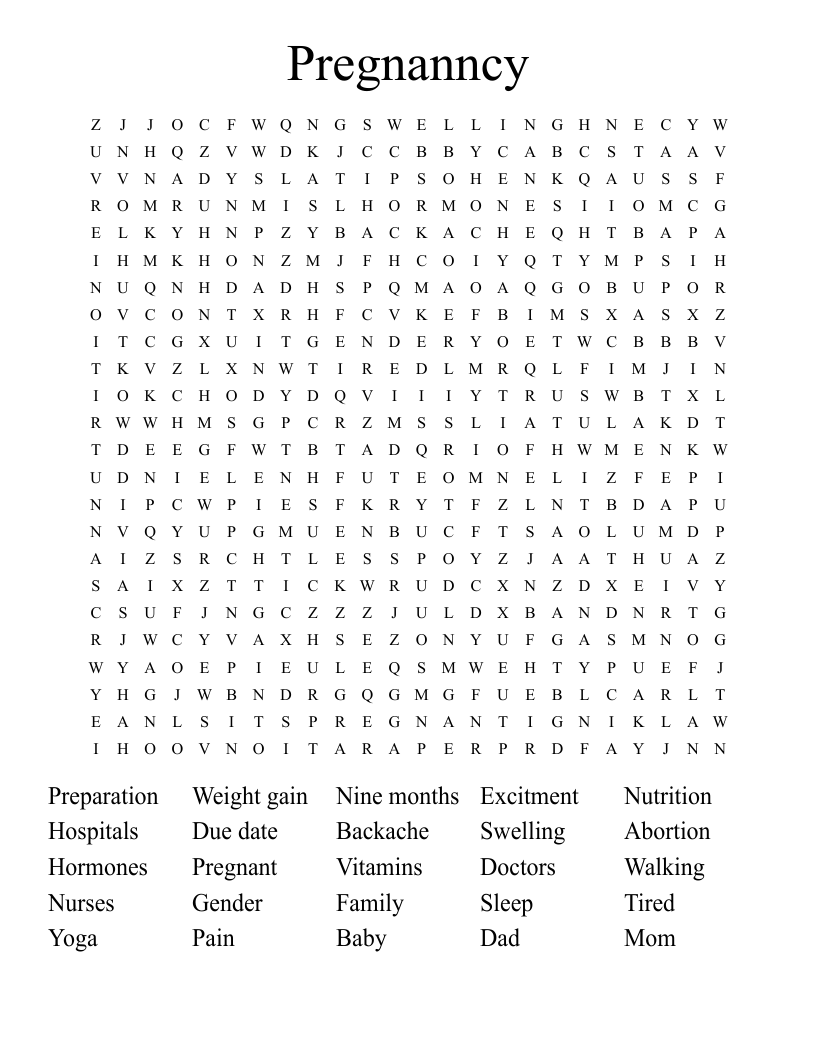 Pregnanncy Word Search - WordMint