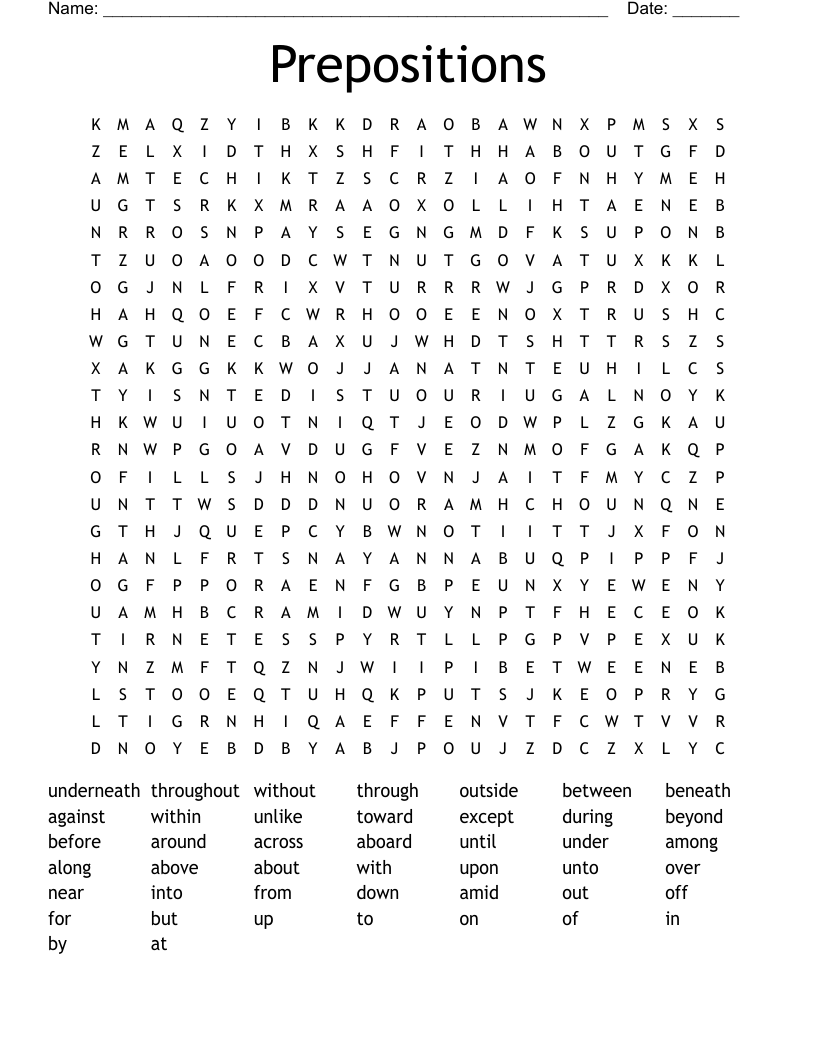 Prepositions Word Search - WordMint