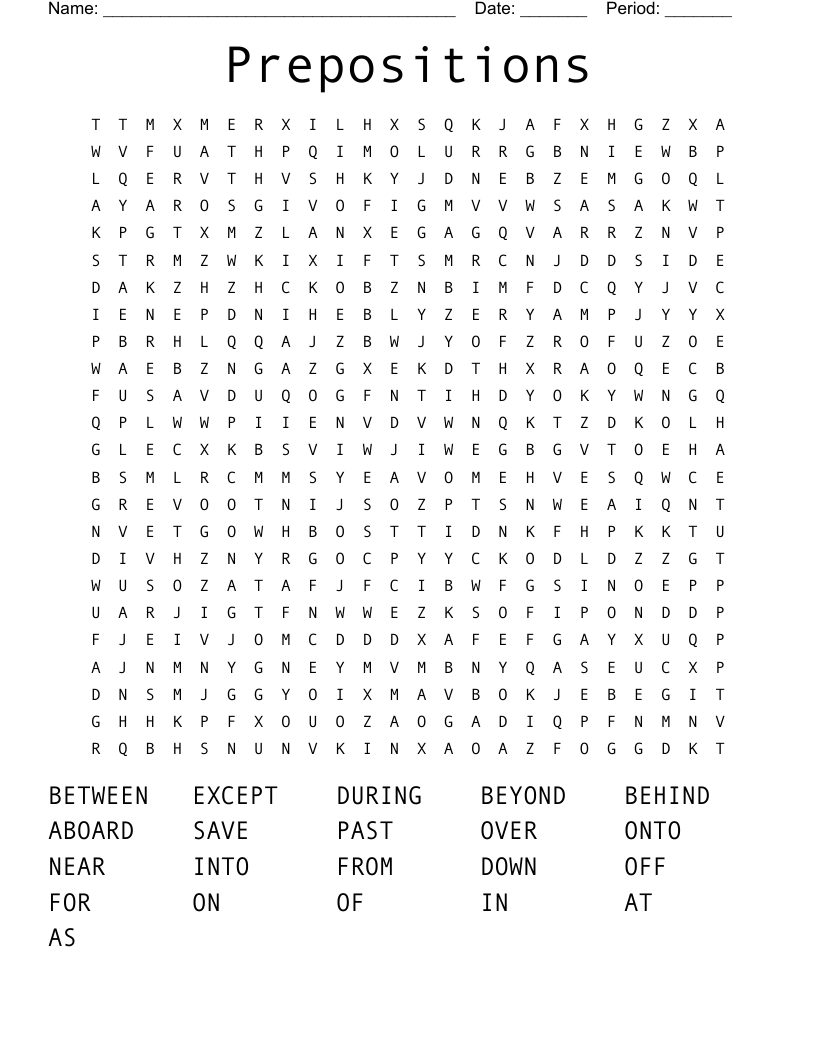 Prepositions Word Search - WordMint