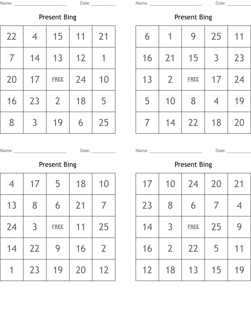 Present Bing Bingo Cards - WordMint