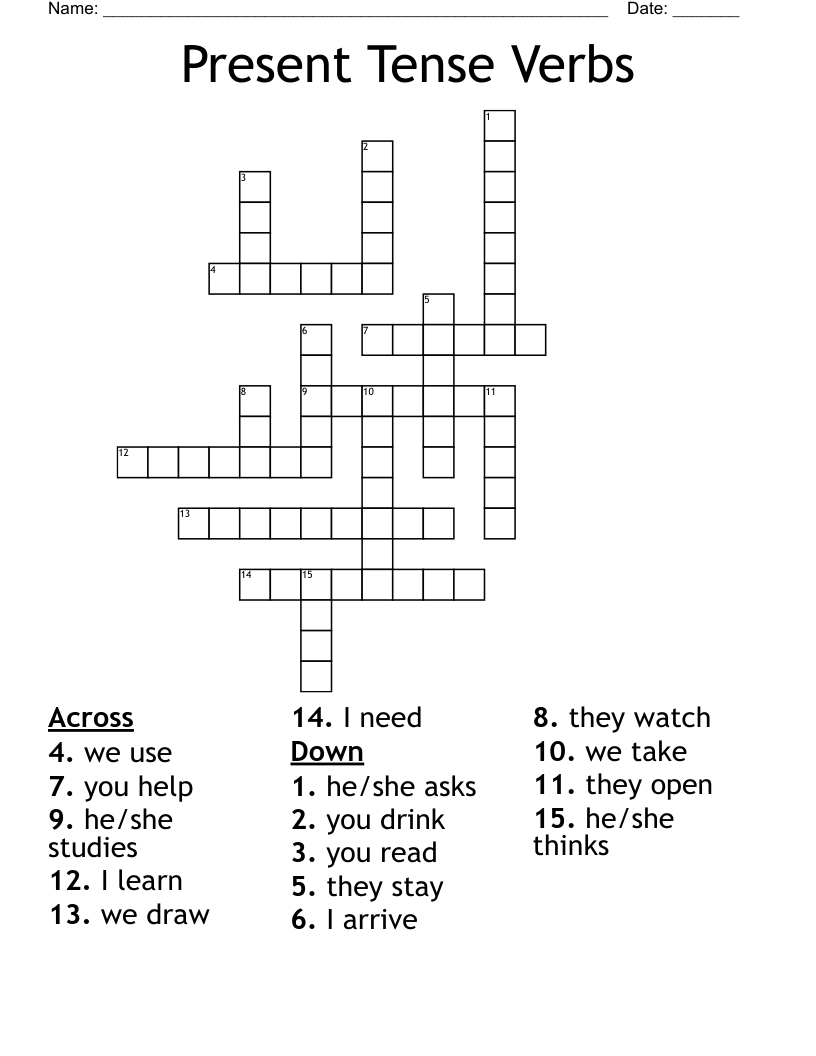 Present Tense Verbs Crossword - WordMint