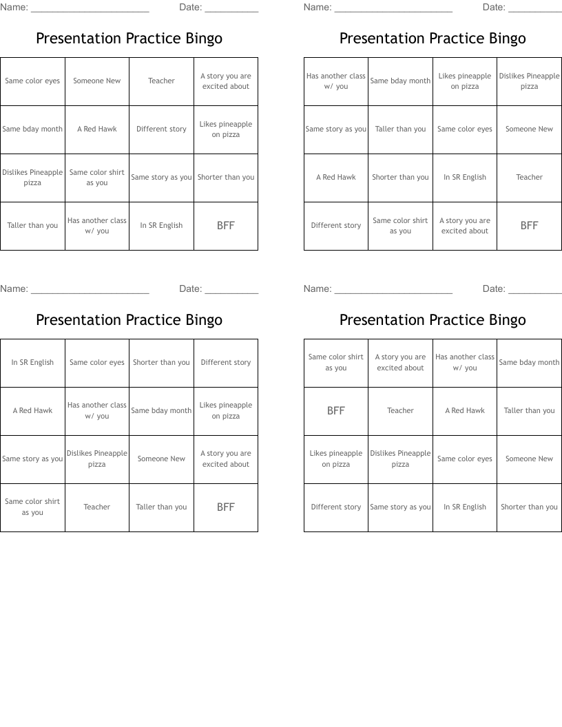 Presentation Practice Bingo - WordMint
